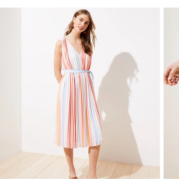 LOFT | Dresses | Loft Stripe Pleated Tie Waist Midi Dress | Poshmark